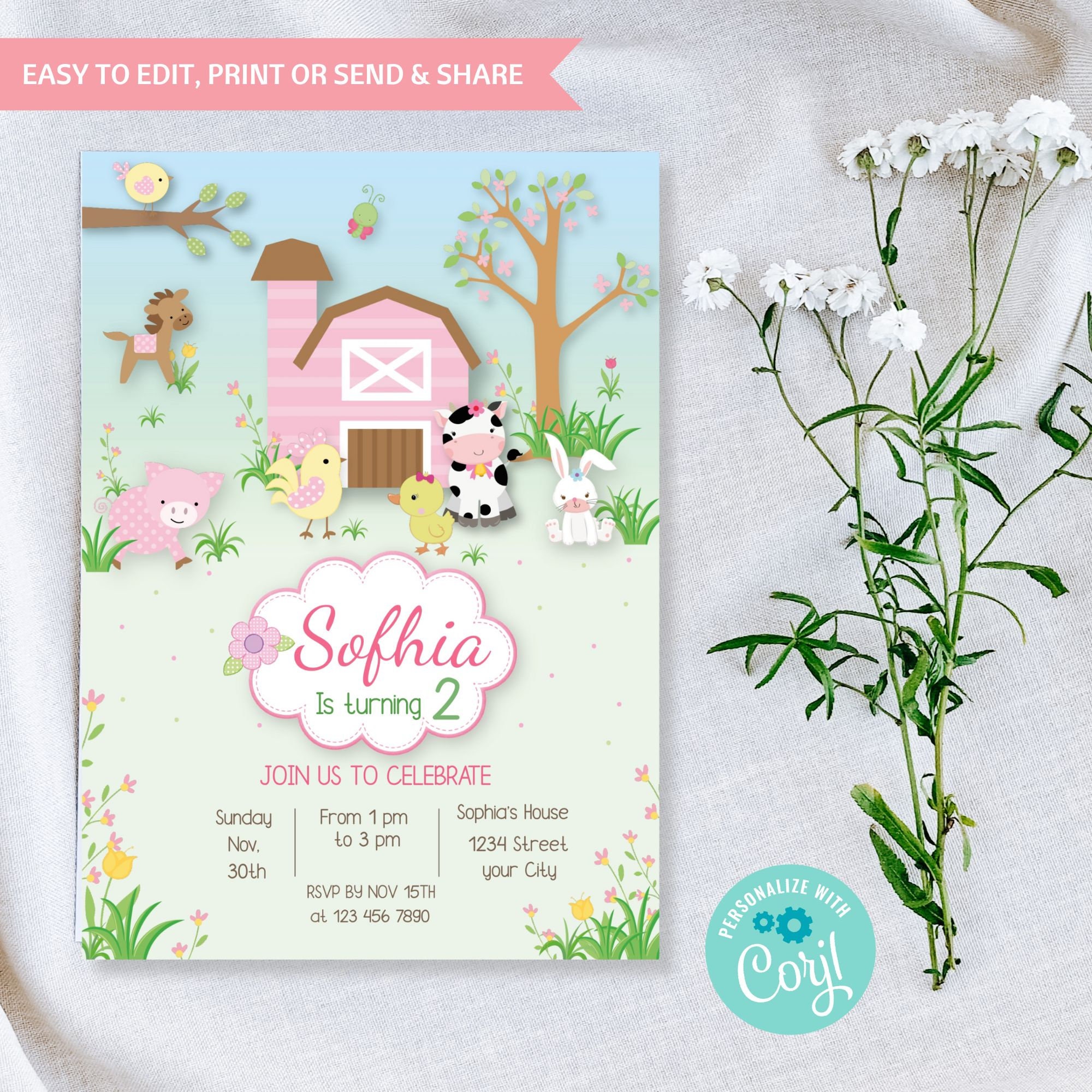 Pink Farm Invite Pink Farm Birthday Invitation Pink Farm - Etsy