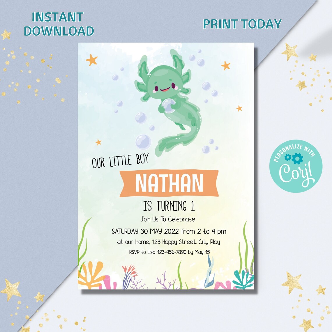 Editable Axolotl Boy Birthday Invite Fiesta Axolotl Party - Etsy Canada