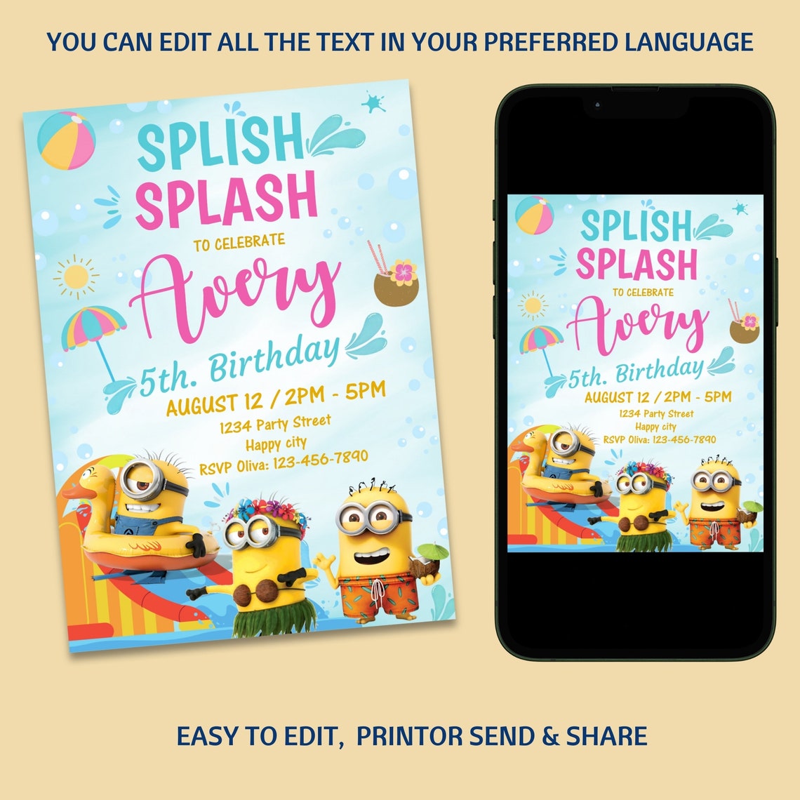 Minions Pool Party Invitation Template Minions Birthday Party Invite ...