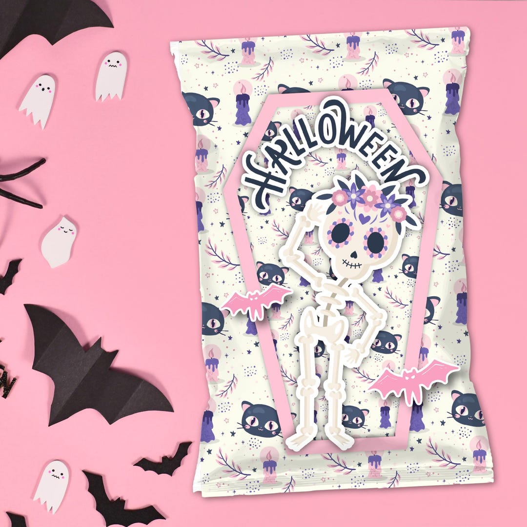 Halloween Chip Bag Printable • Cute Skeleton Pink Purple Candy Bag ...