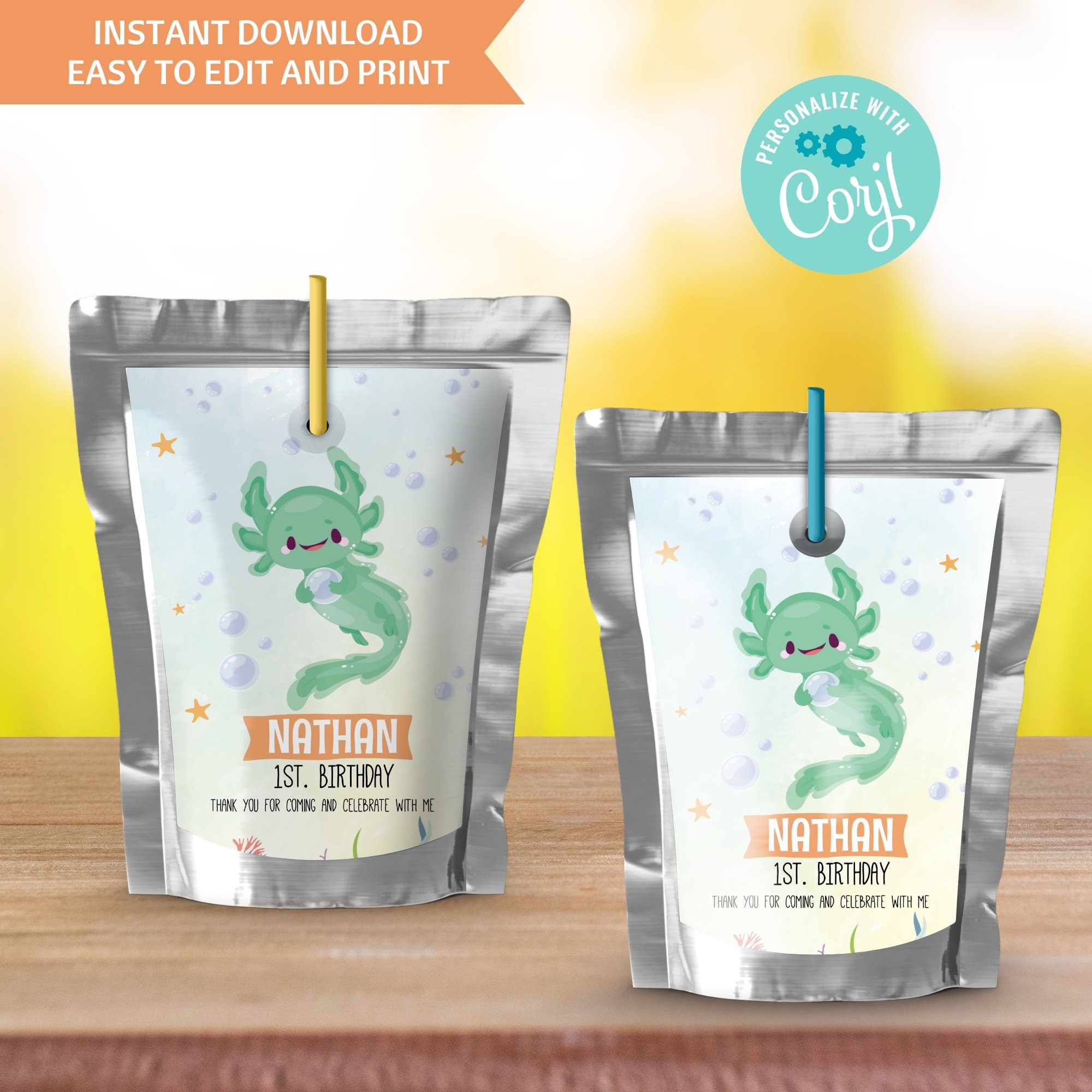 Axolotl Label, Editable Capri Sun Label, Axolotl Sticker, Axolotl Party ...