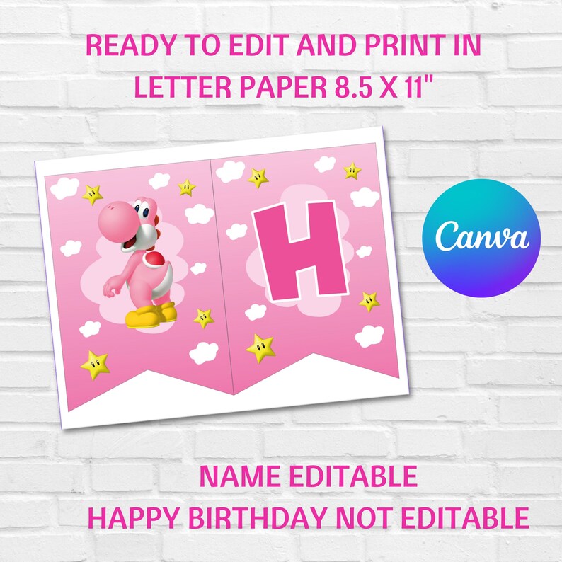 Pink Yoshi Banner, Yoshi Birthday, Instant Download, Pink Yoshi Party ...