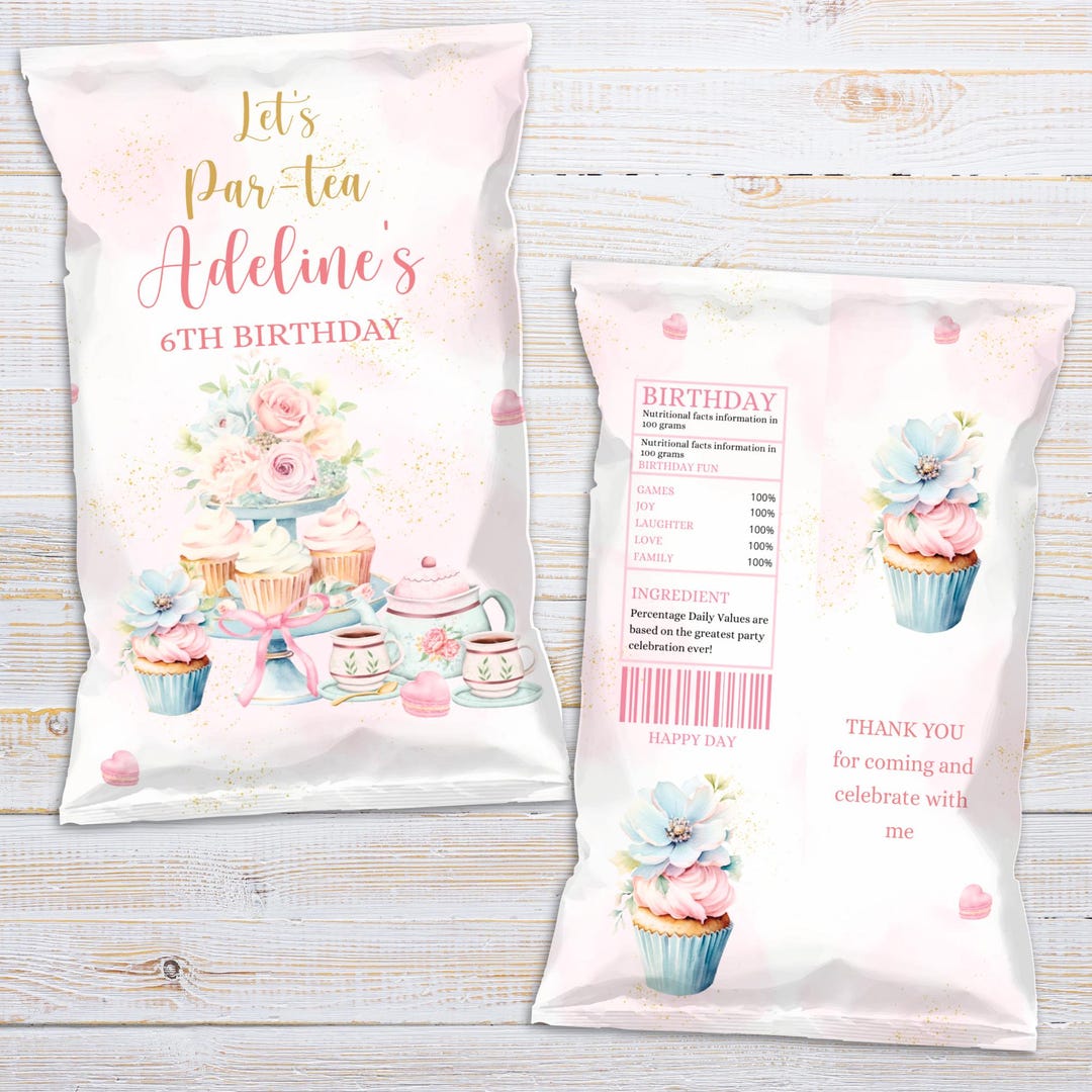 Tea Party Birthday Chip Bag Labels Girl 1st Birthday Decor Gold Blush ...