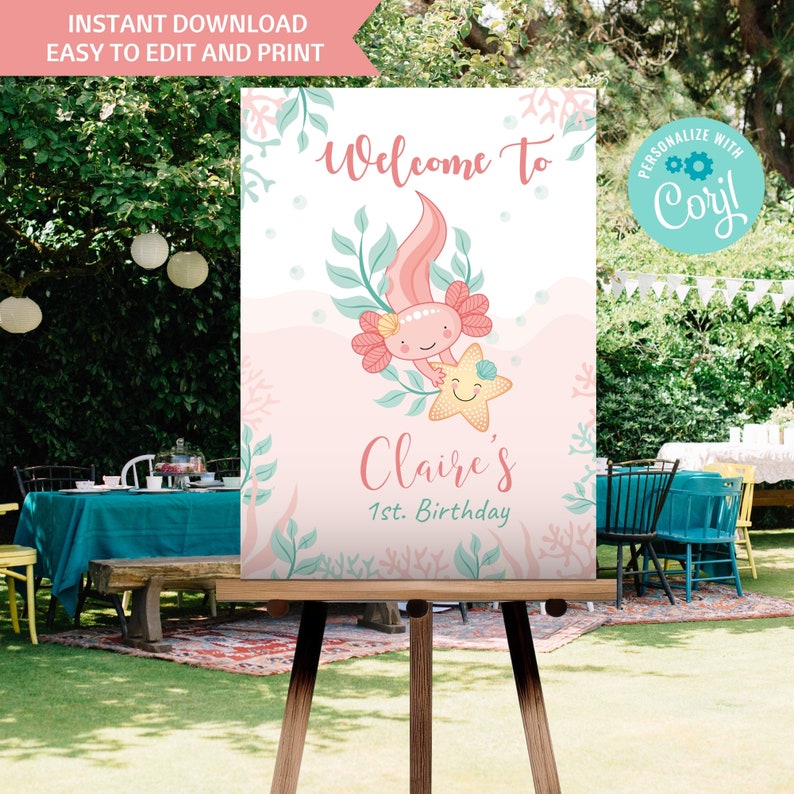 Axolotl Welcome Sign | Cute Pink Smiling Axolot Girl Birthday Party ...