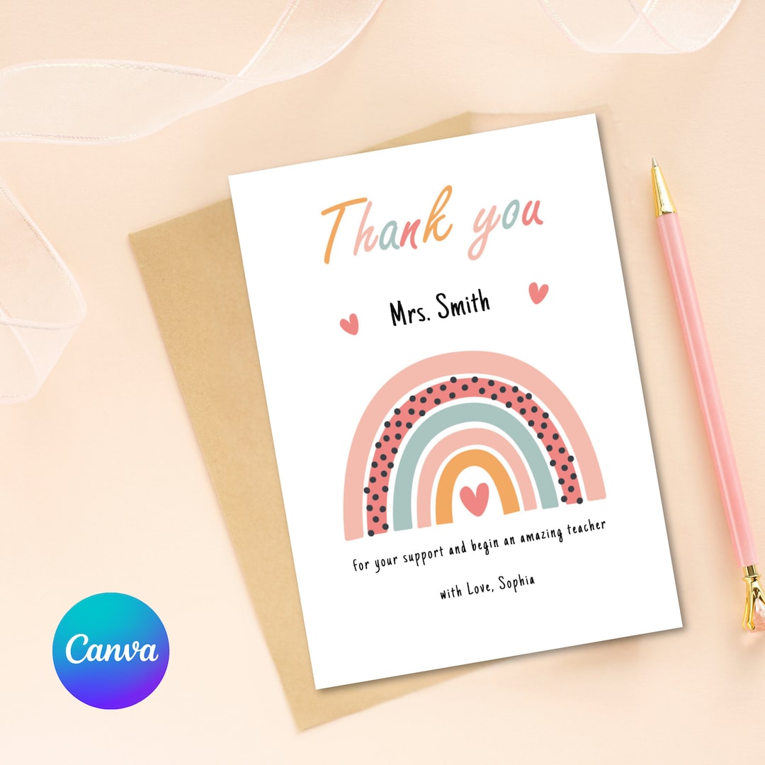 Rainbow Thank You Card Teacher - Rainbow Card - Teacher Greeting ...