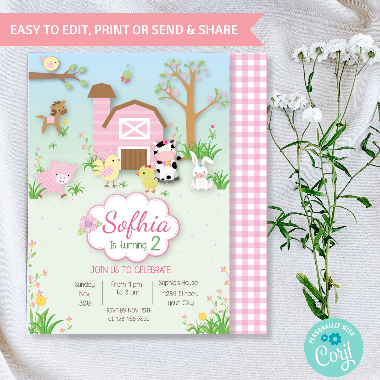 Pink Farm Invite, Pink Farm Birthday Invitation, Pink Farm Invitation ...