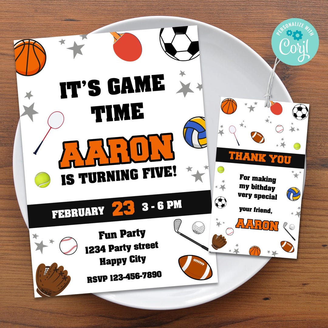 EDITABLE Sports Birthday Invitation and Tags, Good Game Tags, Thanks ...