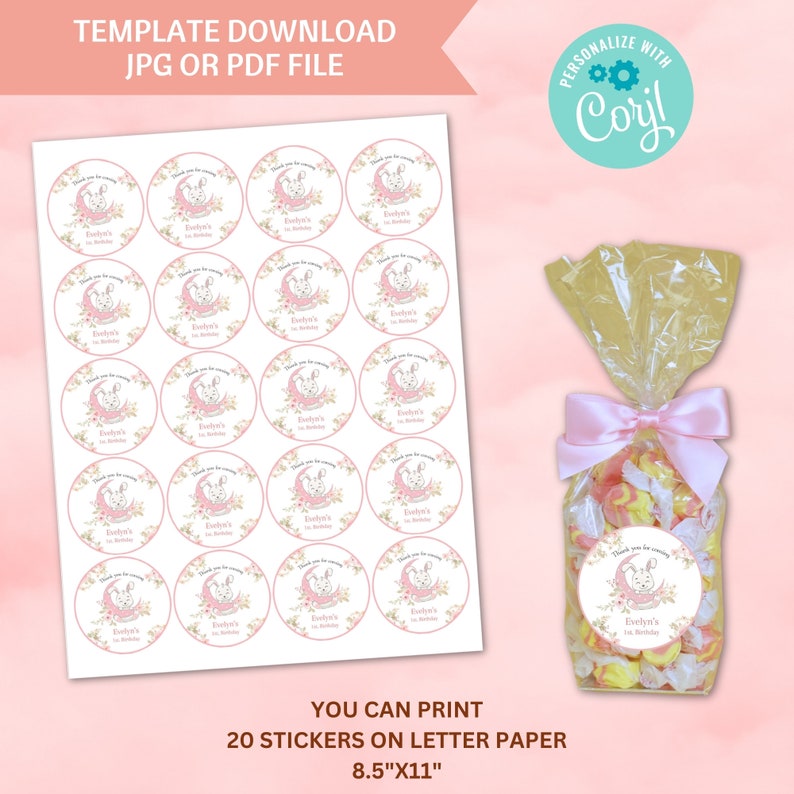 Rabbit Circle Stickers, Printable Bunny Blush Floral, 1st Birthday ...