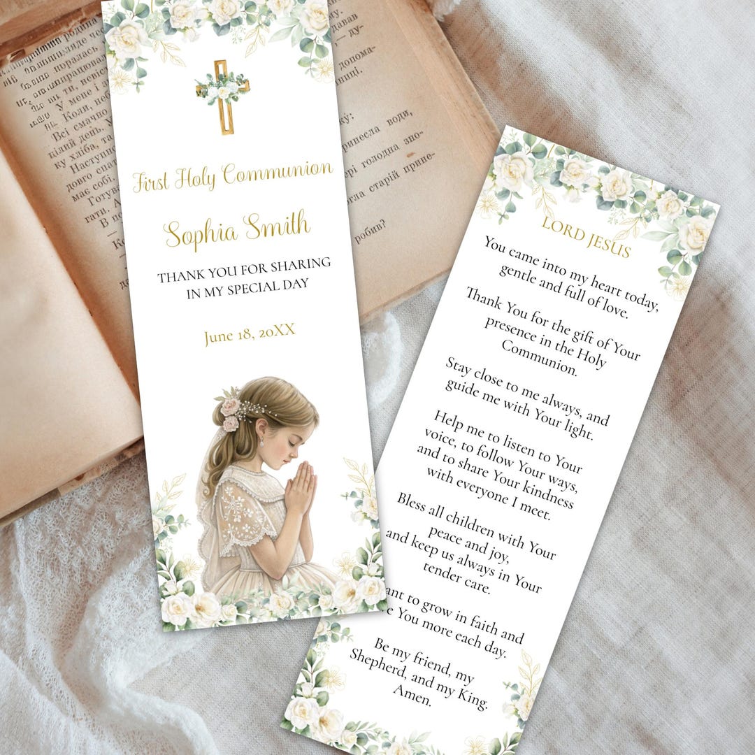 First Holy Communion, Bookmark Template, Elegant Bookmark, Editable ...