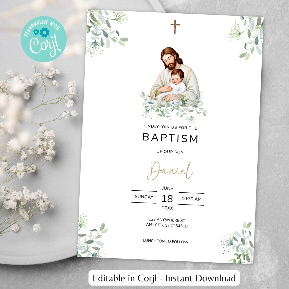 Catholic Baptism Invitation Boy | Editable Christening Invitation ...