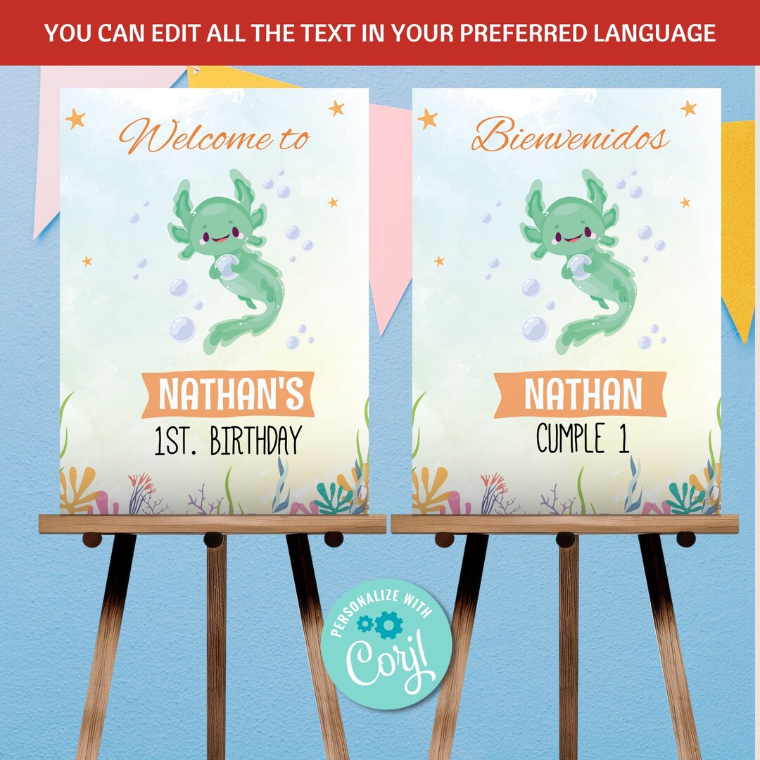 Editable Axolotl Welcome Sign | Cute Smiling Axolot Boy Birthday Party ...