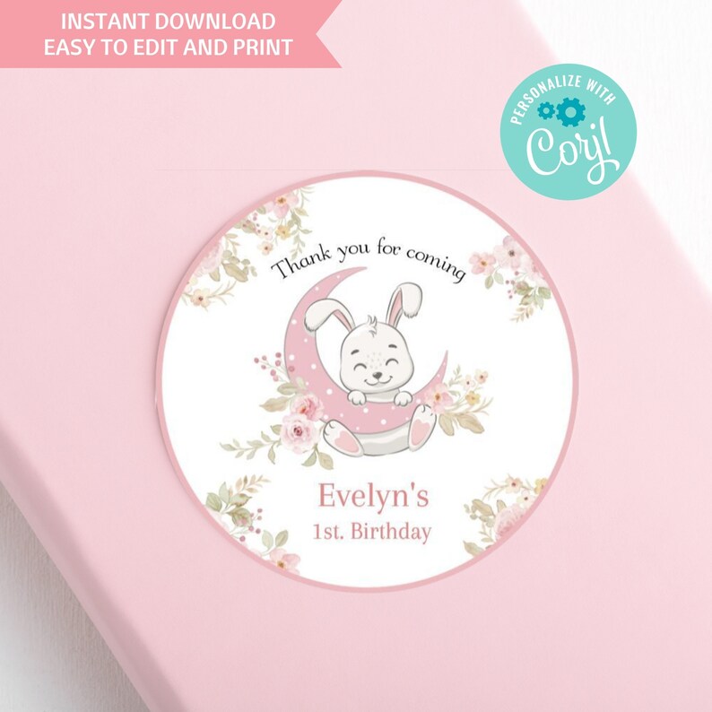 Rabbit Circle Stickers, Printable Bunny Blush Floral, 1st Birthday ...