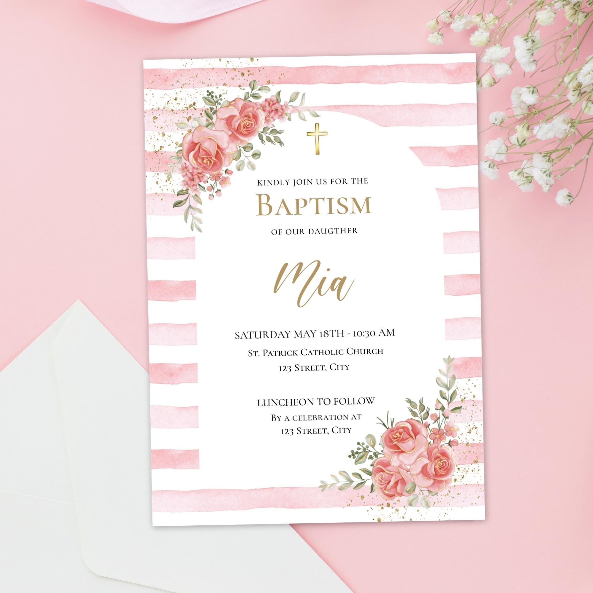 Editable Girl Baptism Invitation Pink Floral Template | Corjl Instant ...