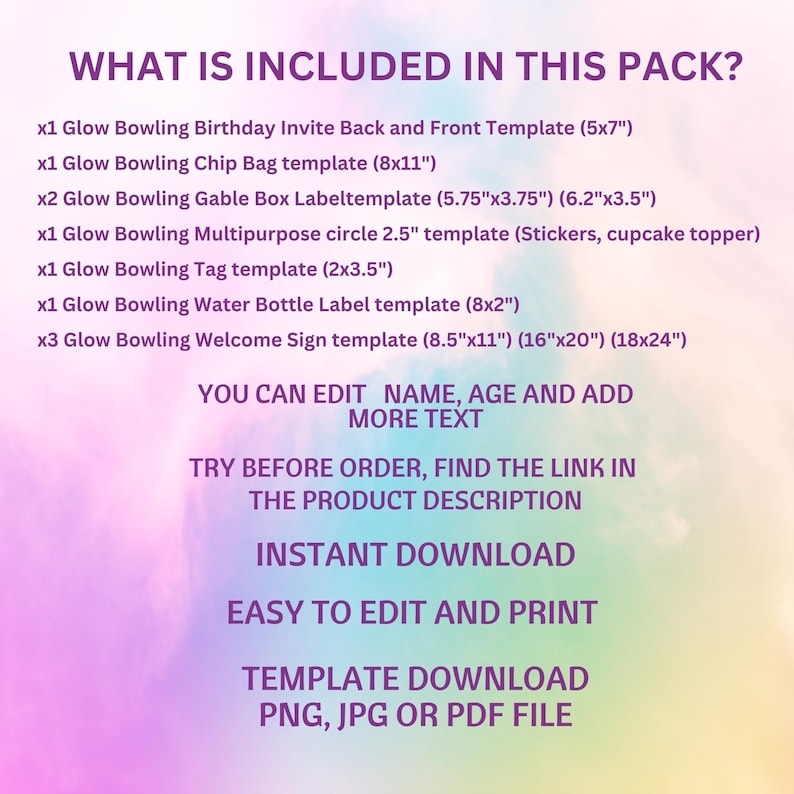 Bowling Birthday Party Bundle Editable Corjl | Glow Neon Bowling Decor ...