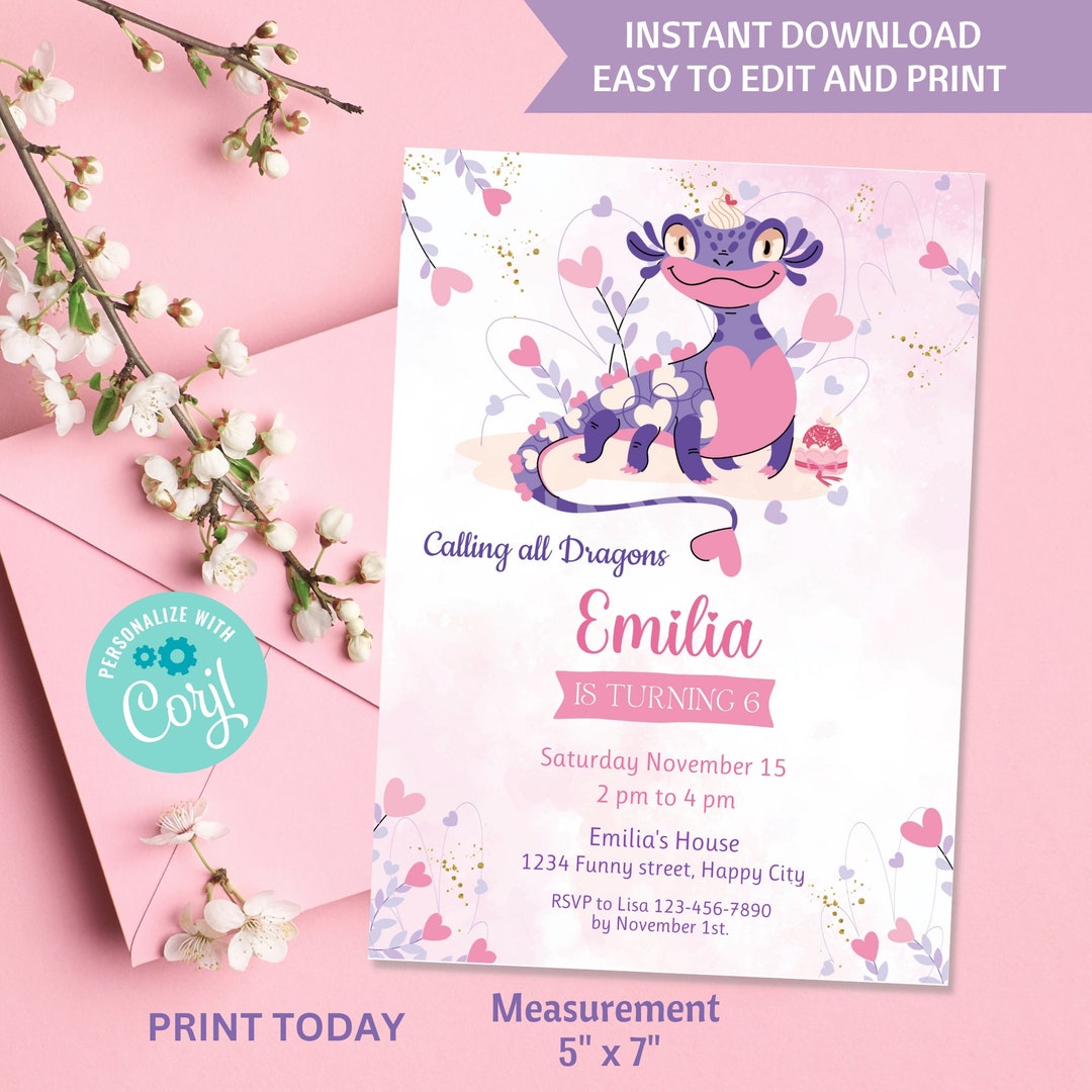 Editable Dragon Birthday Invite, Dragon Party, Printable Template, Girl ...