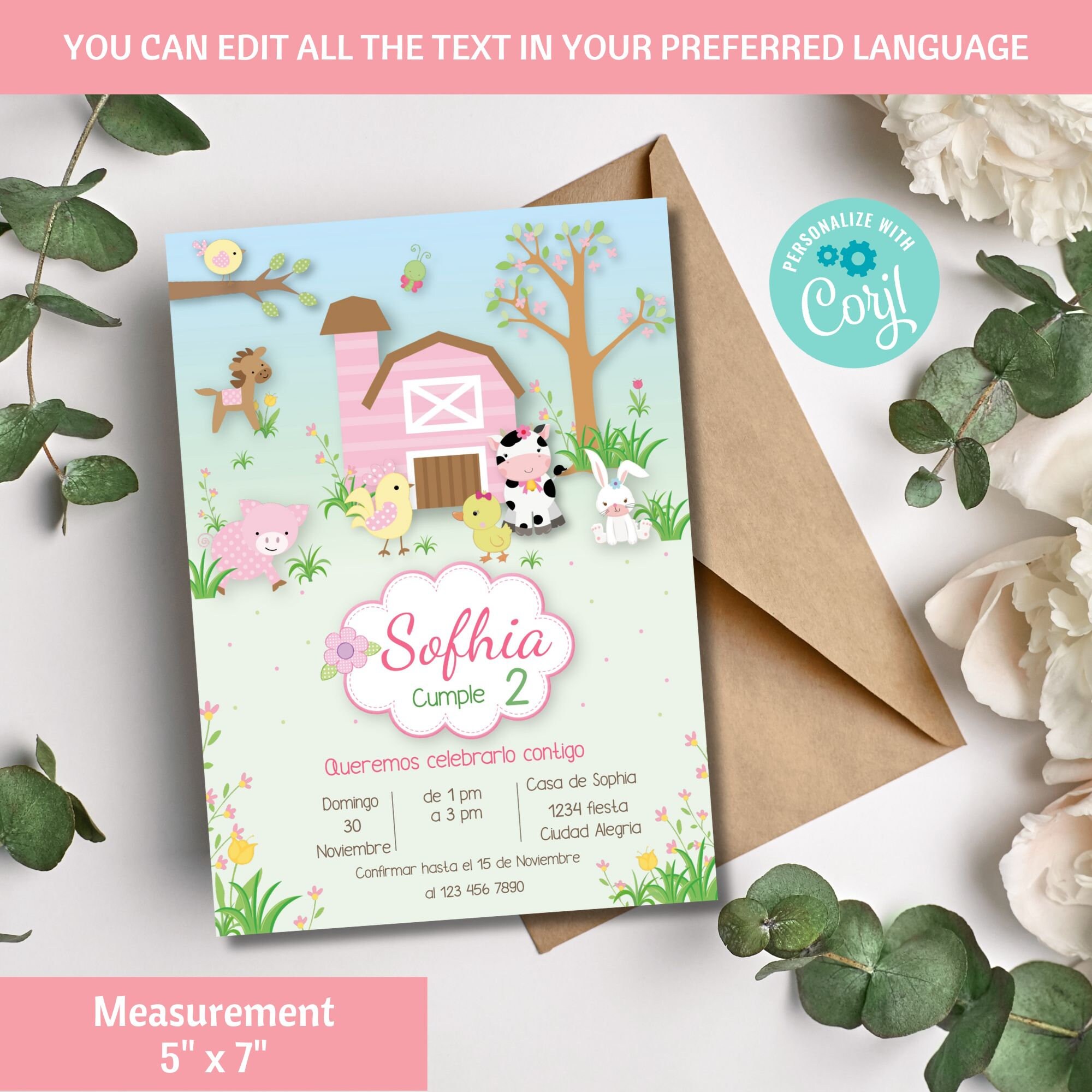 Pink Farm Invite, Pink Farm Birthday Invitation, Pink Farm Invitation ...