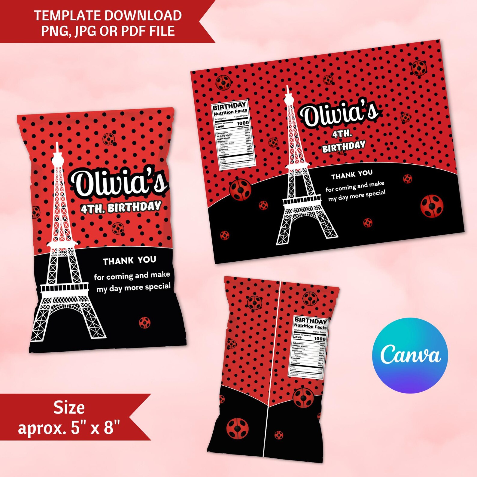 Ladybug Chip Bag Editable in Canva, Party Favor Template, Ladybug ...