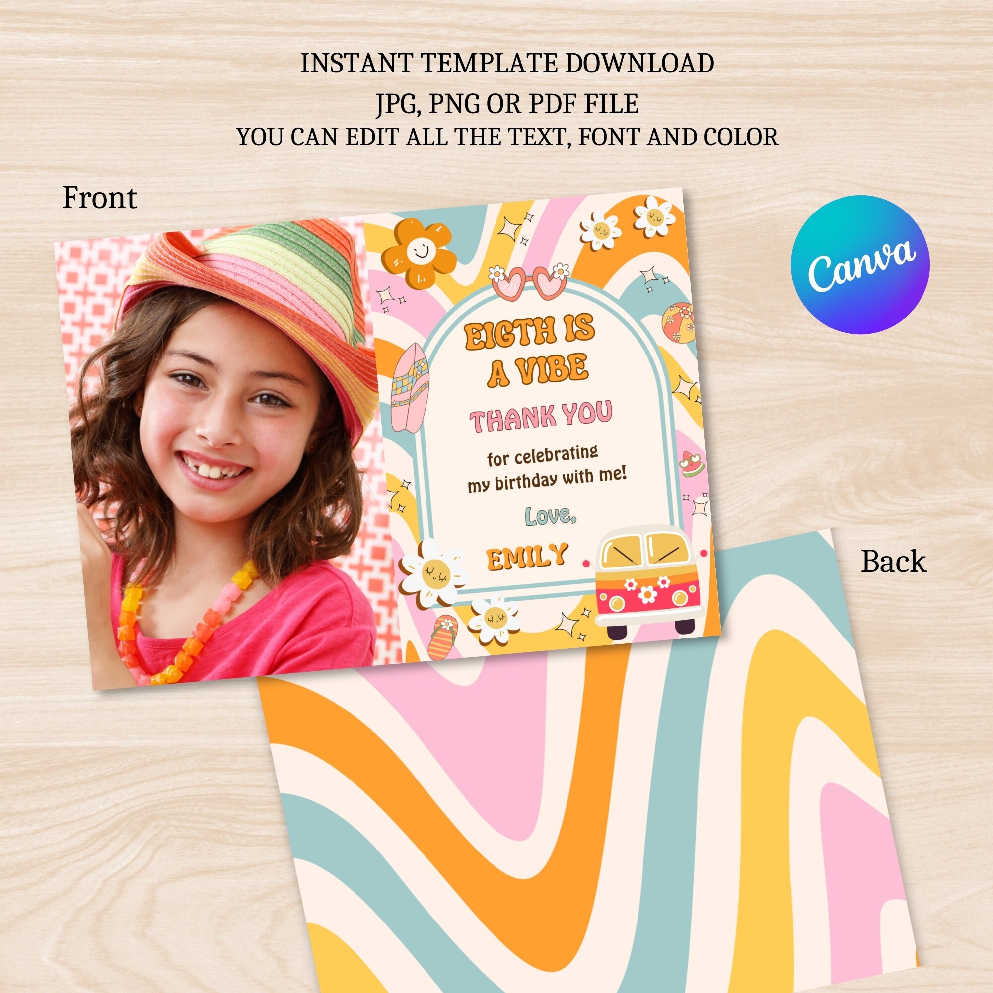 Retro Eight is a Vibe Birthday Thank You Card Digital Download Girl 8th ...