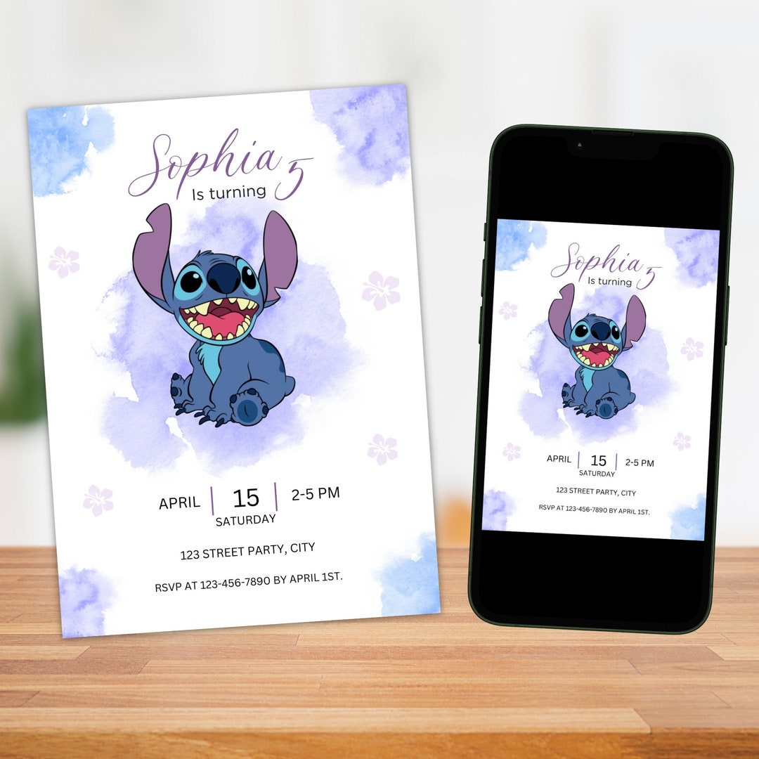 Editable Stitch Invitation, Watercolor Stitch Birthday Invitation ...