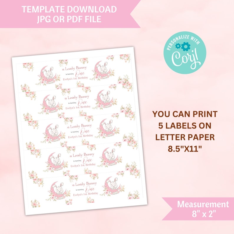 Bunny Water Bottle Label, Printable Bunny Blush Floral, 1st Birthday ...