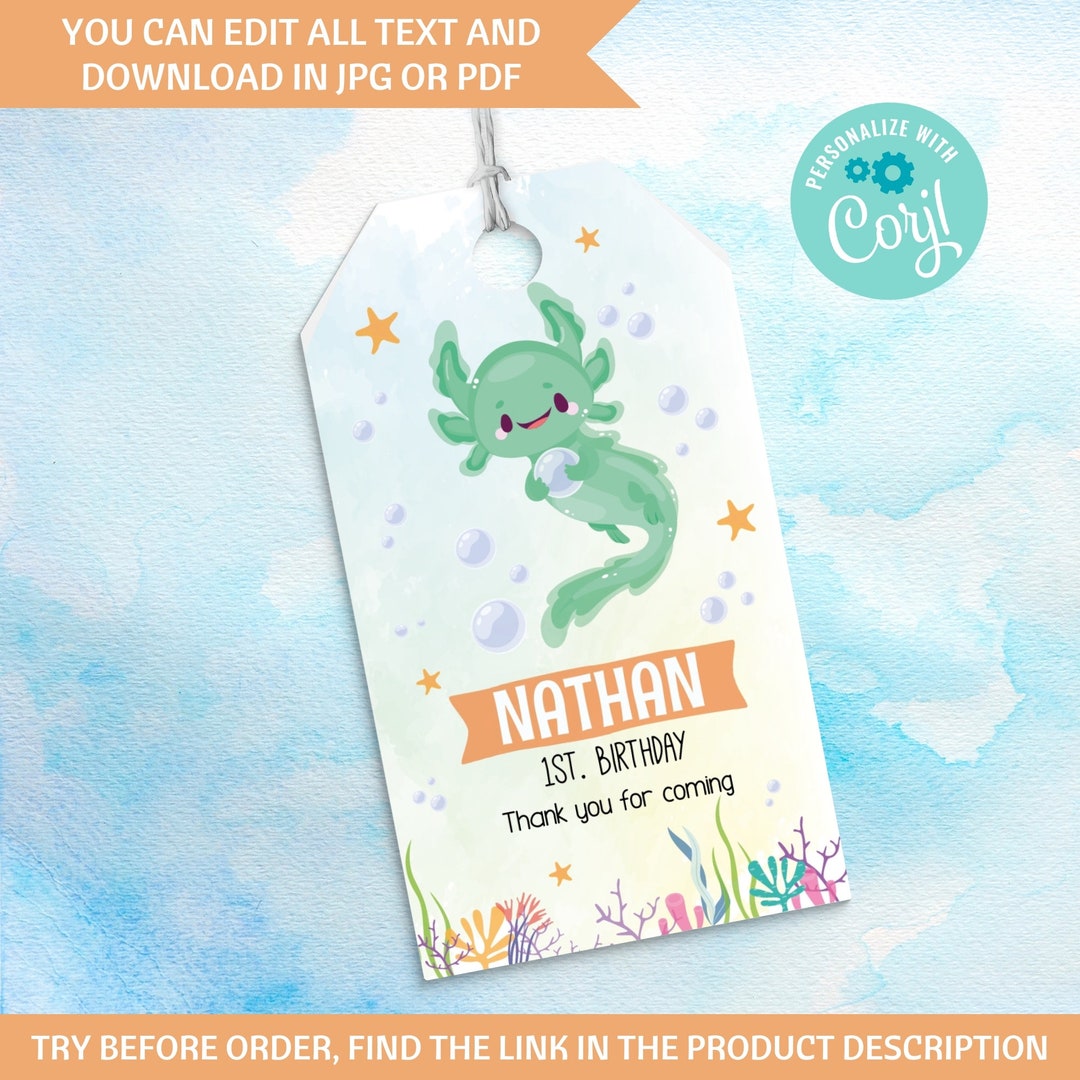 Axolotl Gift Tag, Axolotl Birthday Tag, Axolotl Party Favor Label ...
