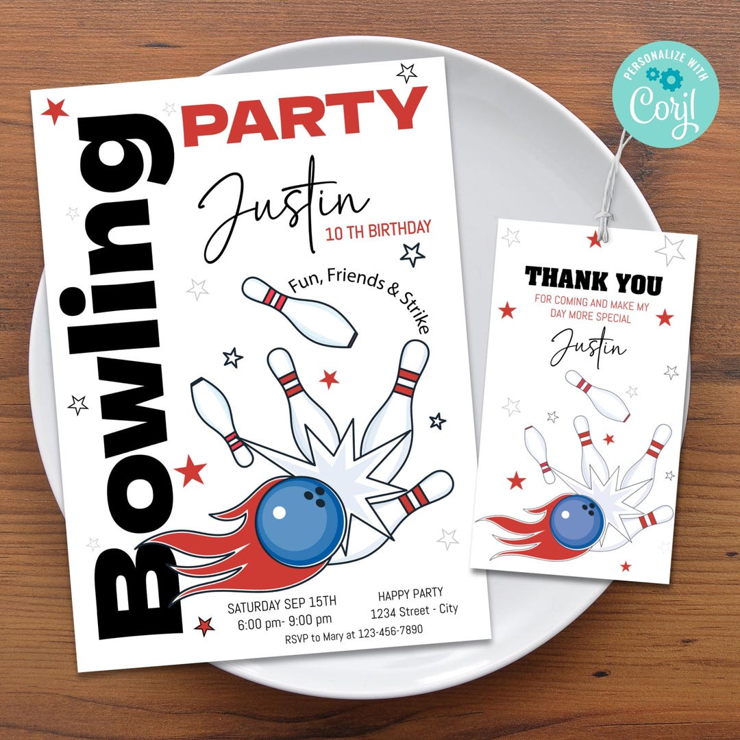 Editable Bowling Birthday Invitation and Tag Minimalist - Bowling ...