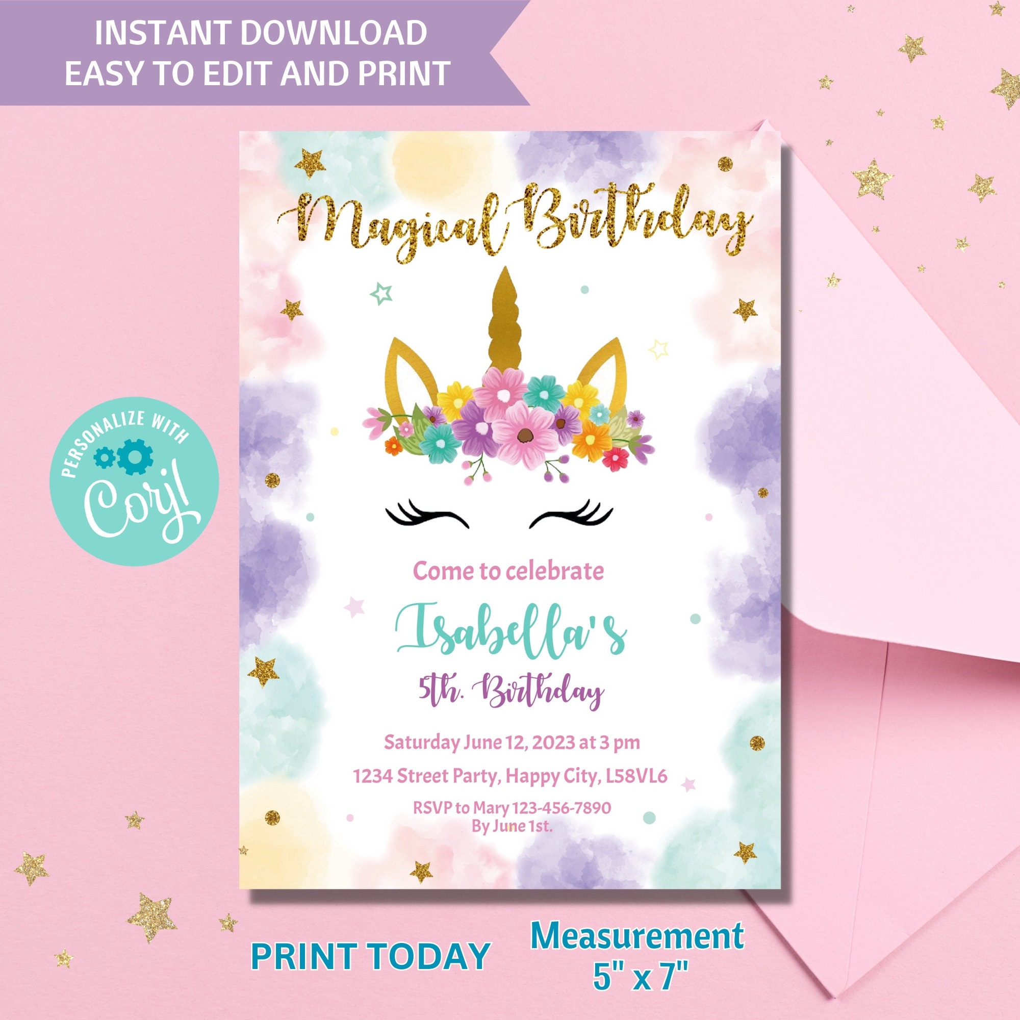 Editable Magical Unicorn Invitation Template, Instant Download, Invite ...