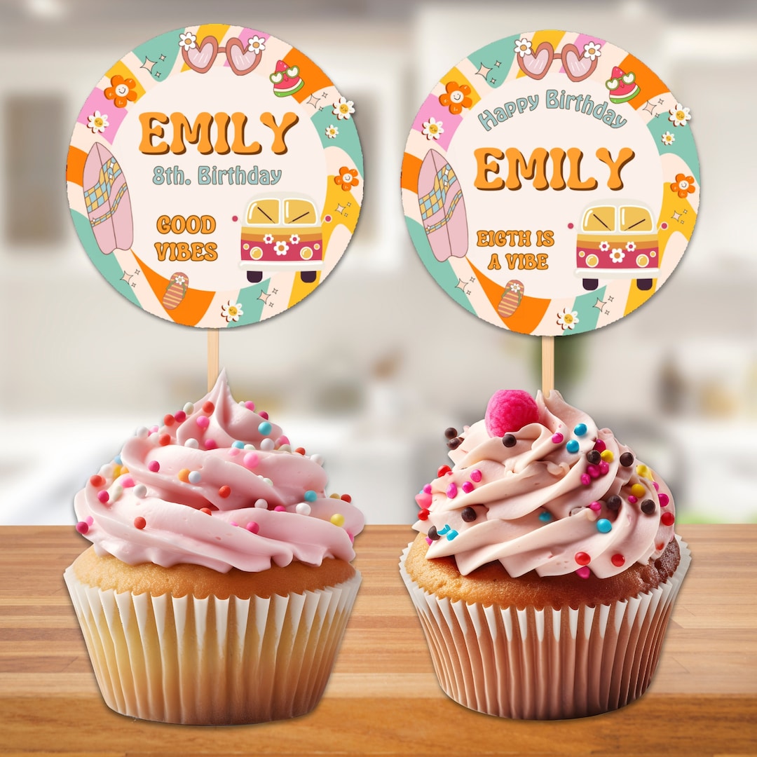 Eight is A Vibe Cupcake Topper, Daisy 8th Birthday, Groovy Rainbow ...