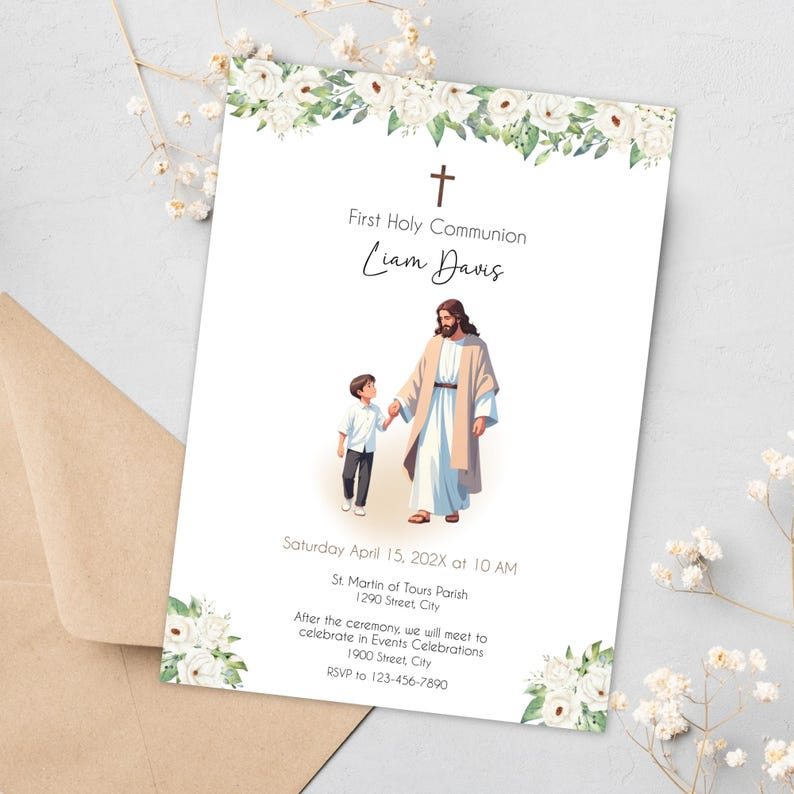 First Holy Communion, Invitation Template, Jesus and Boy Communion ...