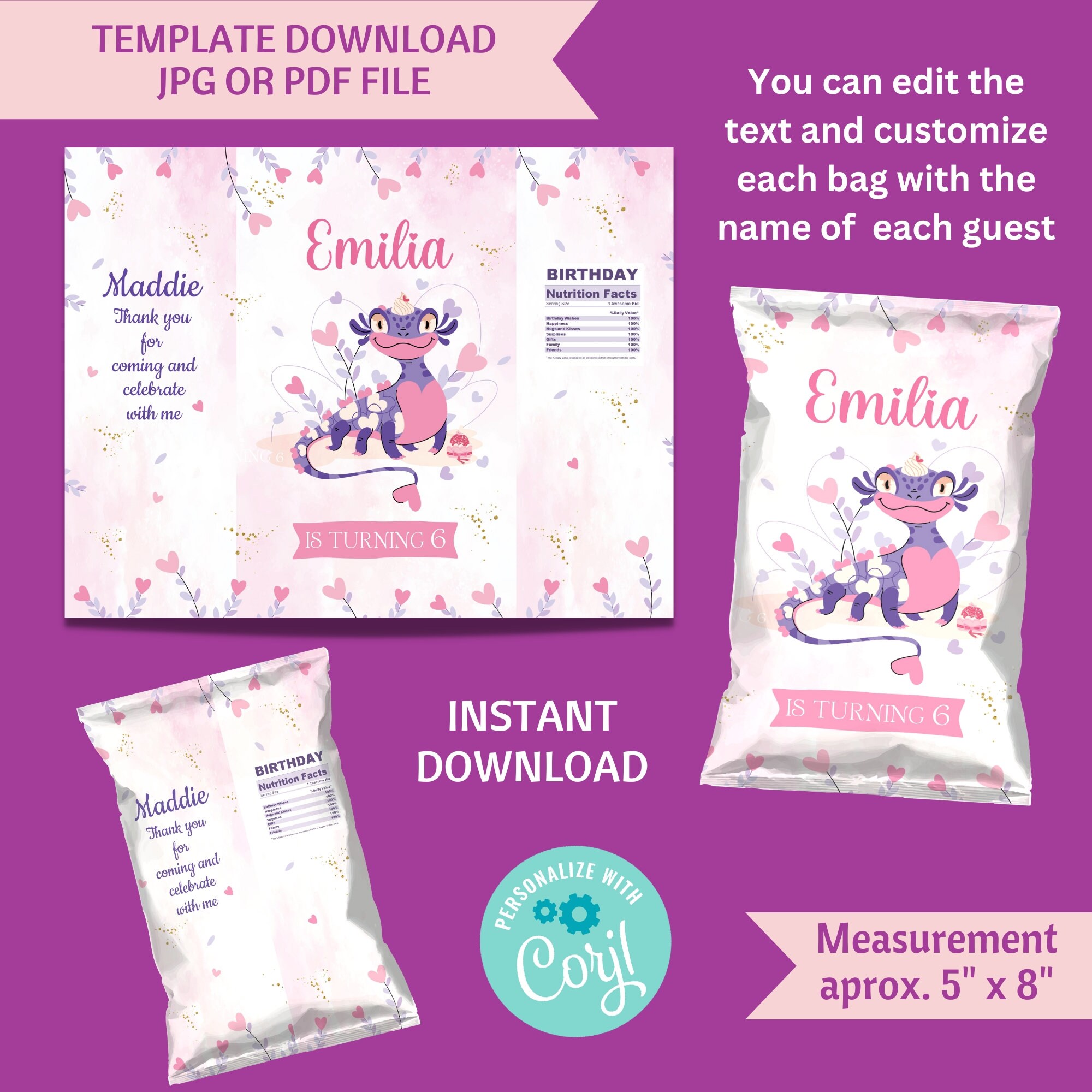 Editable Pink Love Dragon Birthday Chip Bag, Dragon Party, Printable ...
