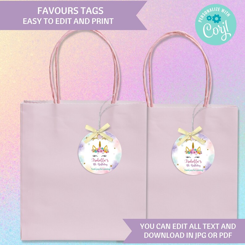 Editable Magical Unicorn Favor Tag, Unicorn Stickers, Unicorn Topper ...