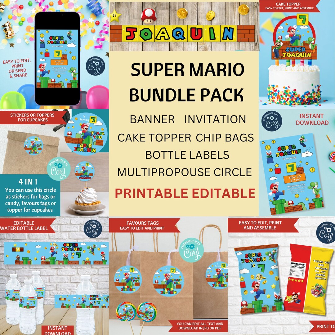 Super Mario Party, Mario Birthday, Bundle Pack Super Mario Invitation ...