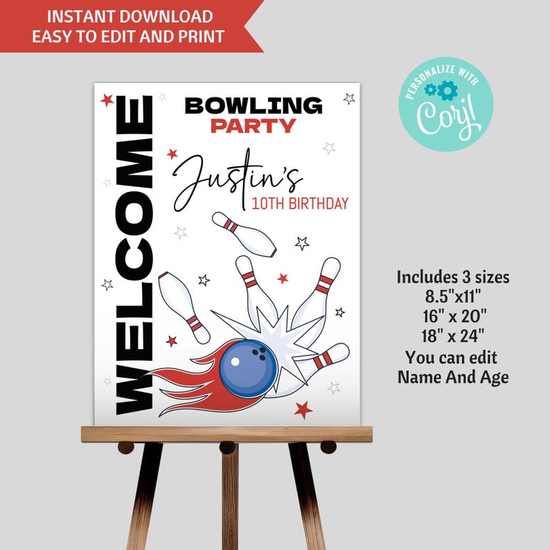 Editable Welcome Sign Bowling Birthday Decoration, Download Strike up ...