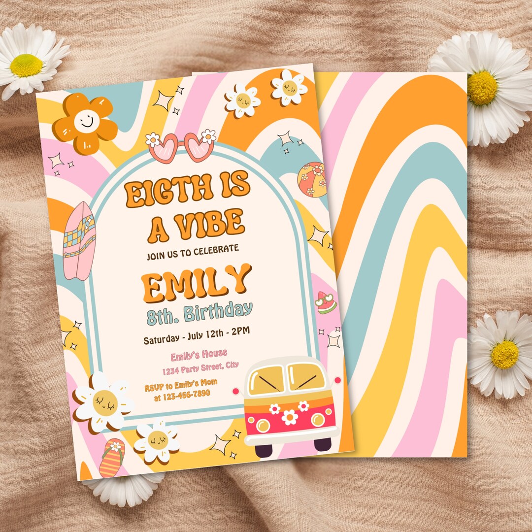 EDITABLE Eight is A Vibe, Daisy Groovy 8th Birthday Invitation, Groovy ...