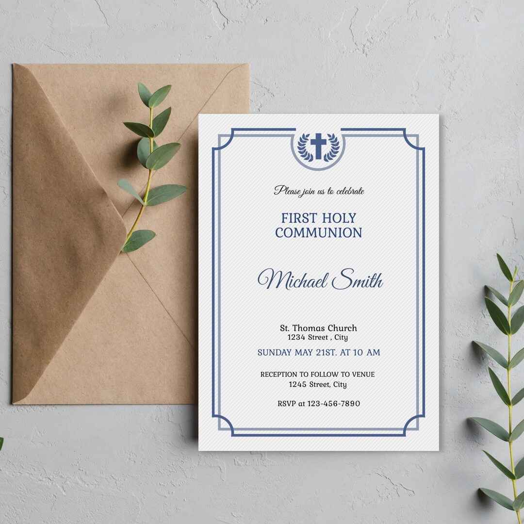 Blue First Communion Invitation Template, Elegant Communion Invite ...