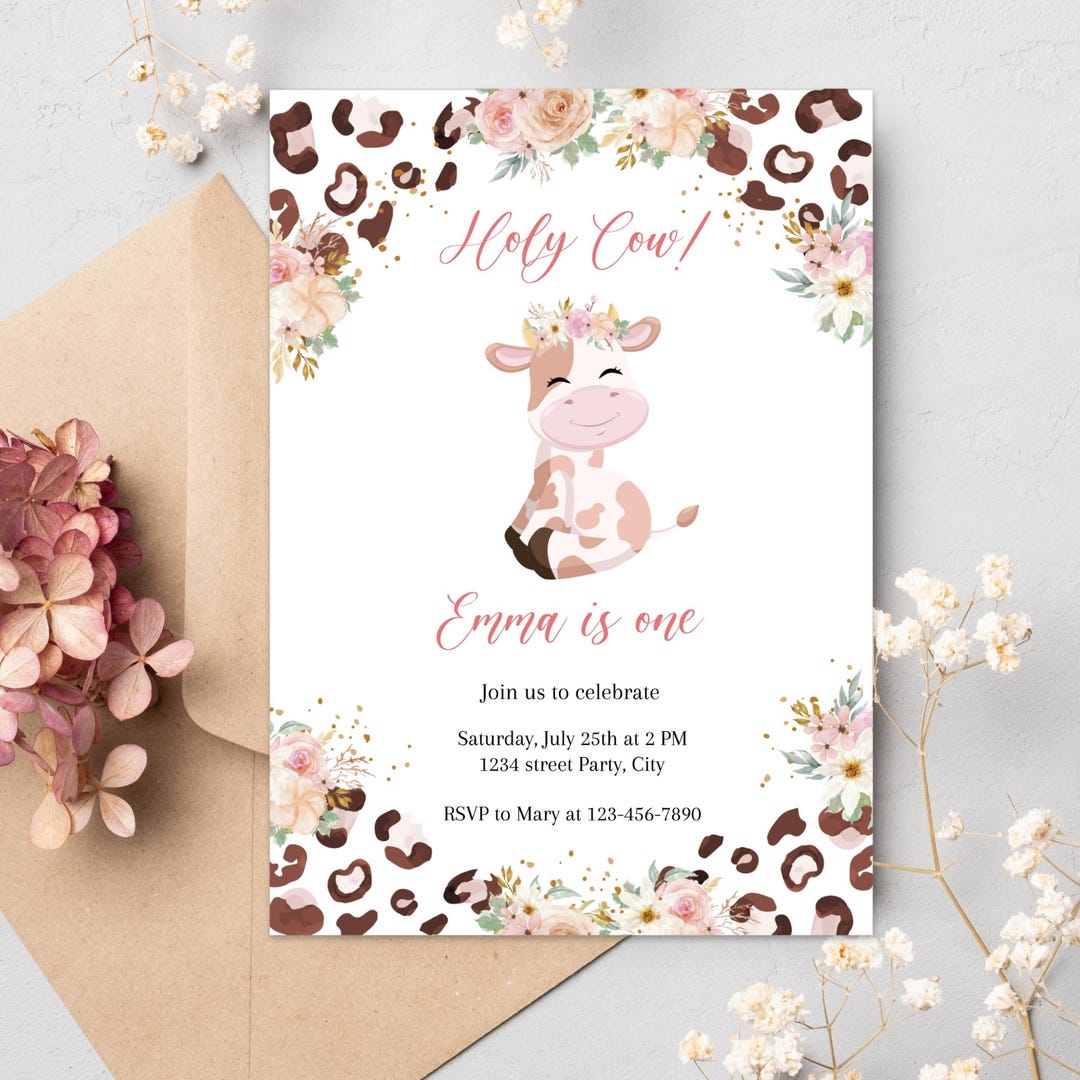 Cute Cow Birthday Invite - Editable Holy Cow Design for Girls - Etsy