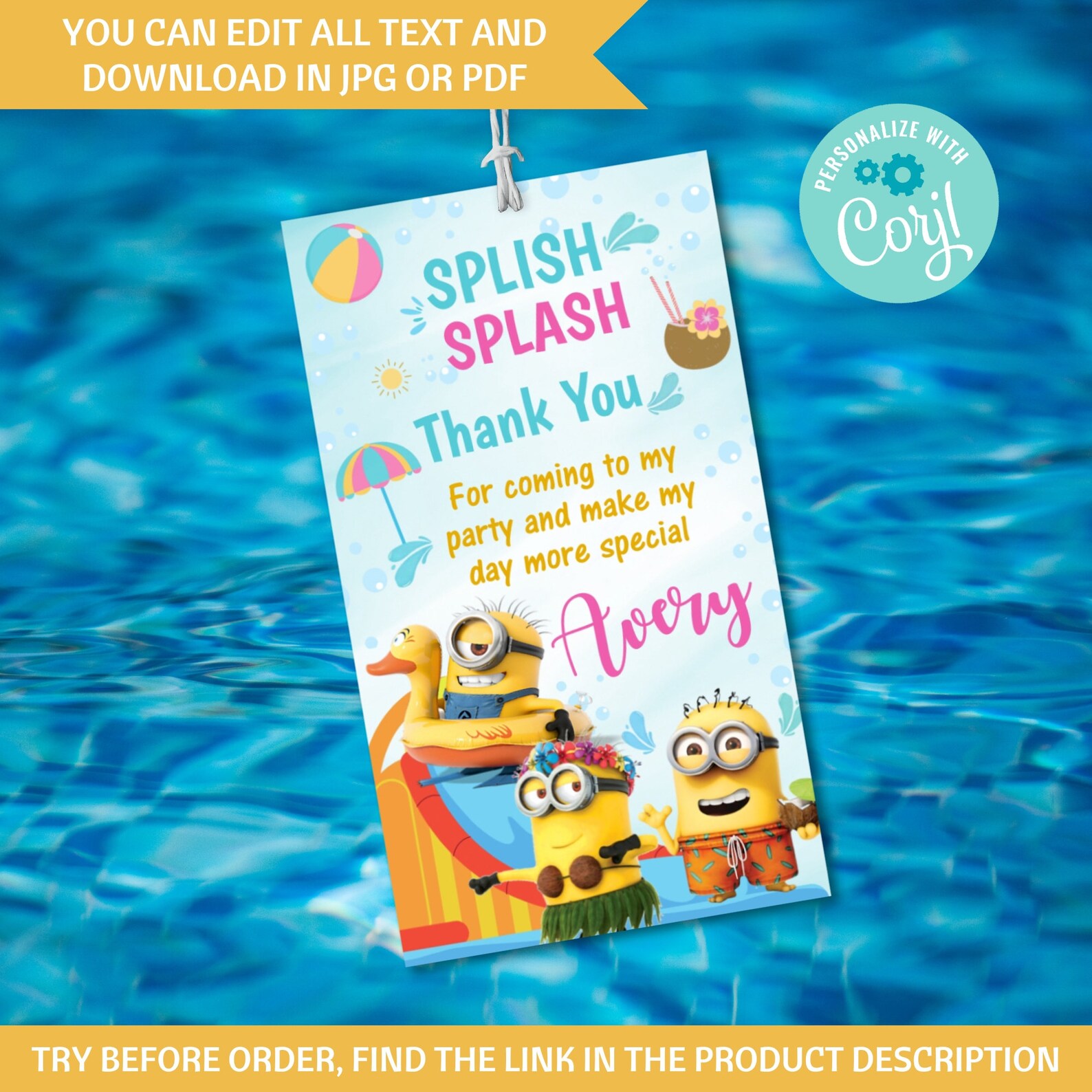 Minions Pool Party Tag Template | Minions Birthday Party Tag | Minions ...