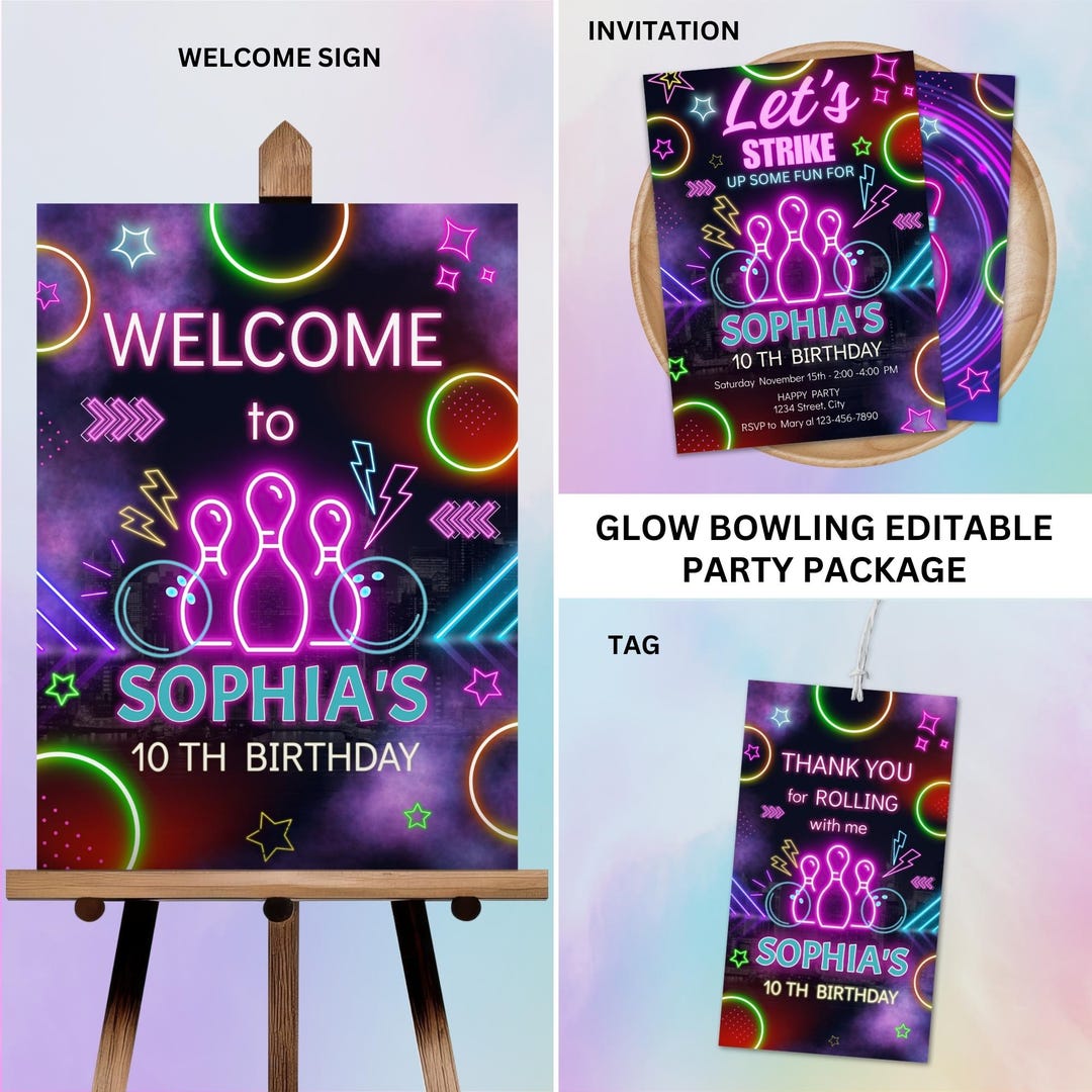 Personalized Neon Bowling Party, Invitation, Welcome Sign and Tag ...