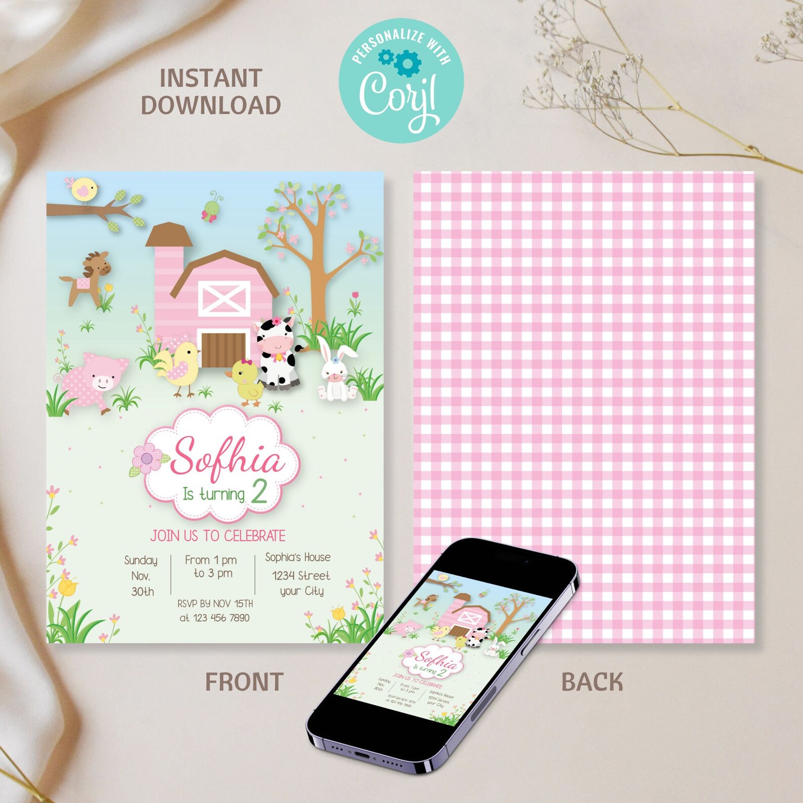 Pink Farm Invite Pink Farm Birthday Invitation Pink Farm - Etsy