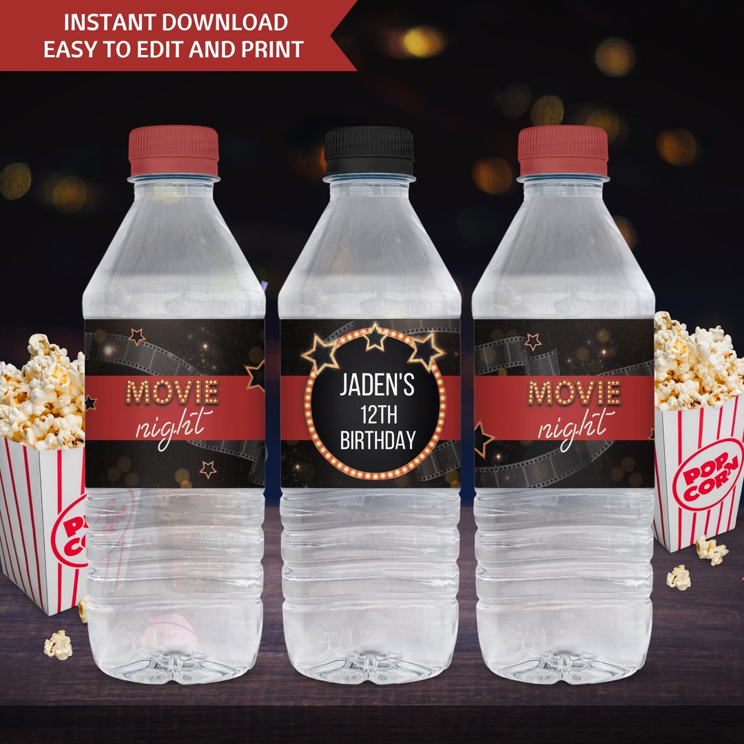 Movie Night Label, Editable Water Bottle Label, Movie Night Birthday ...