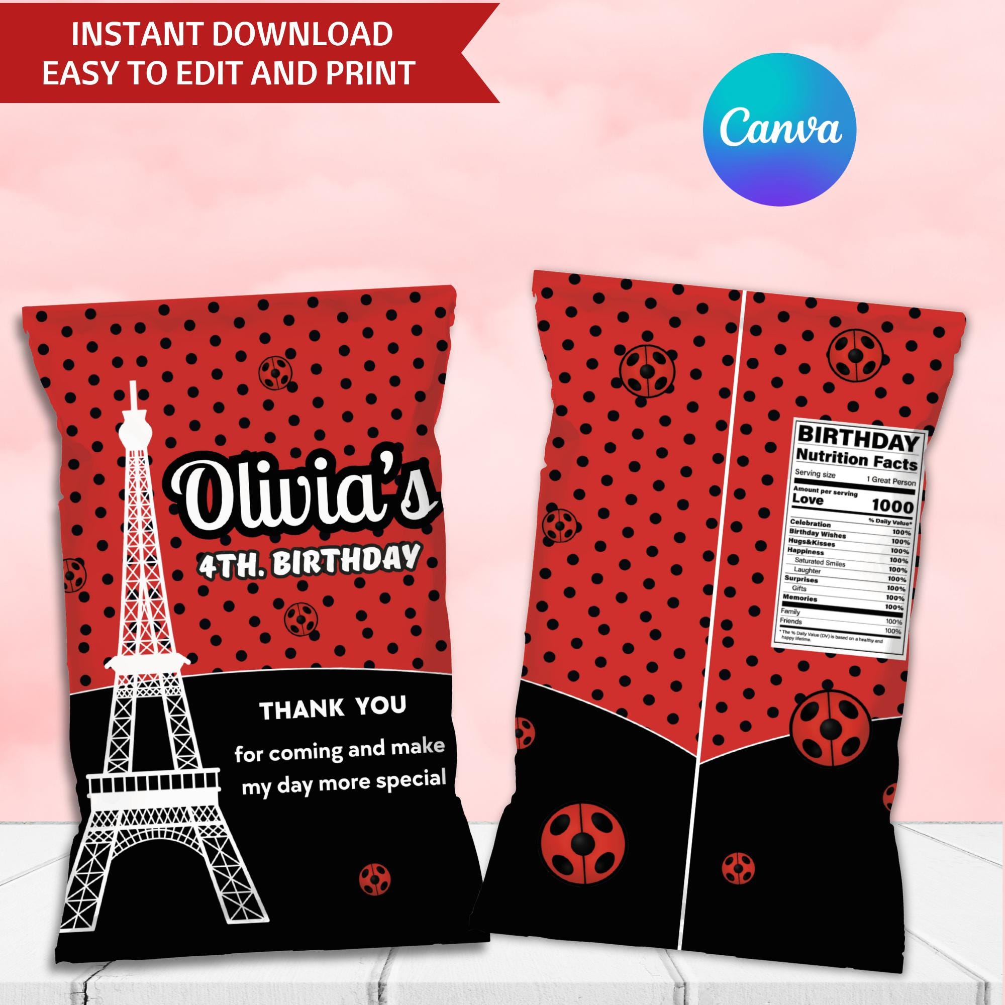 Ladybug Chip Bag Editable in Canva, Party Favor Template, Ladybug ...