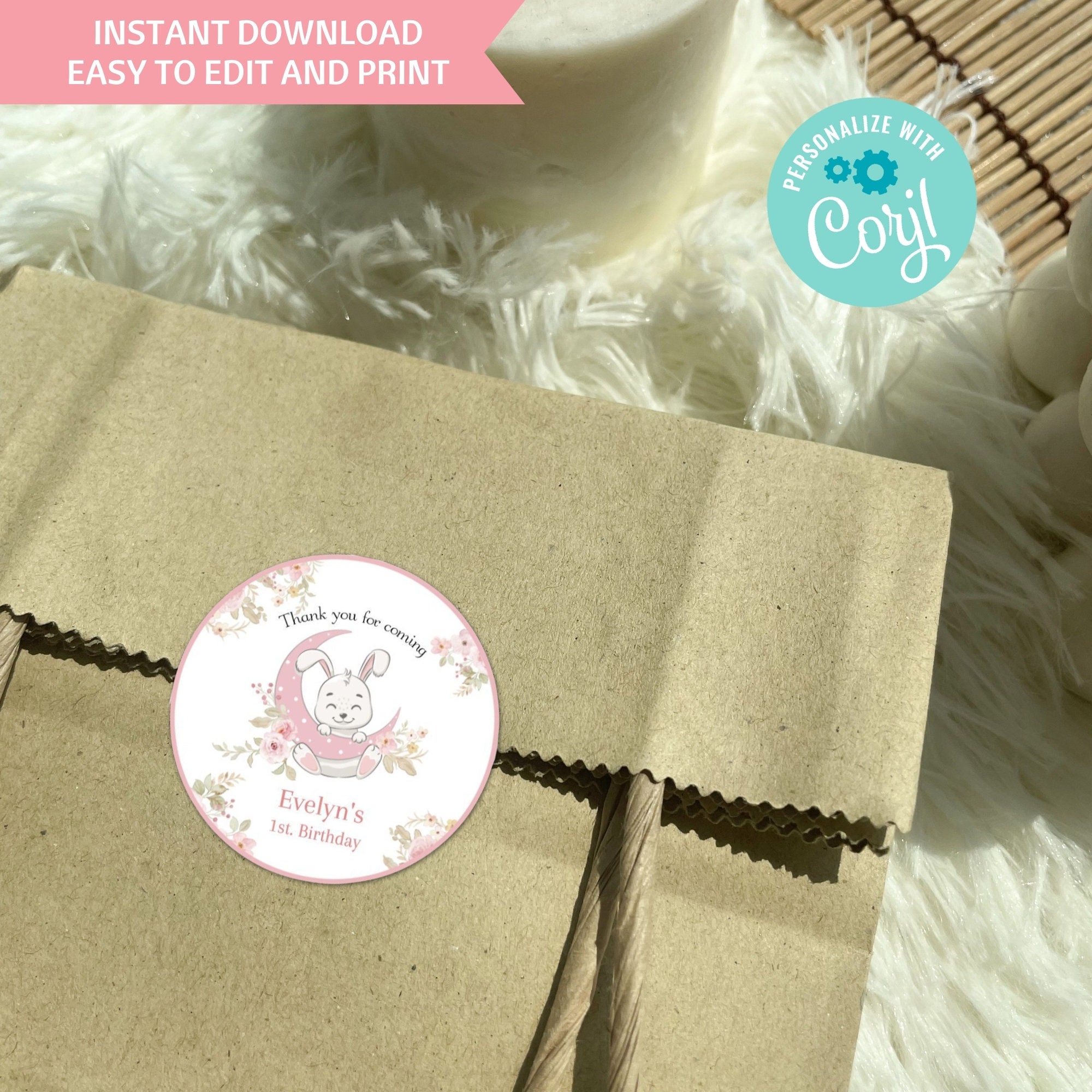 Rabbit Circle Stickers, Printable Bunny Blush Floral, 1st Birthday ...