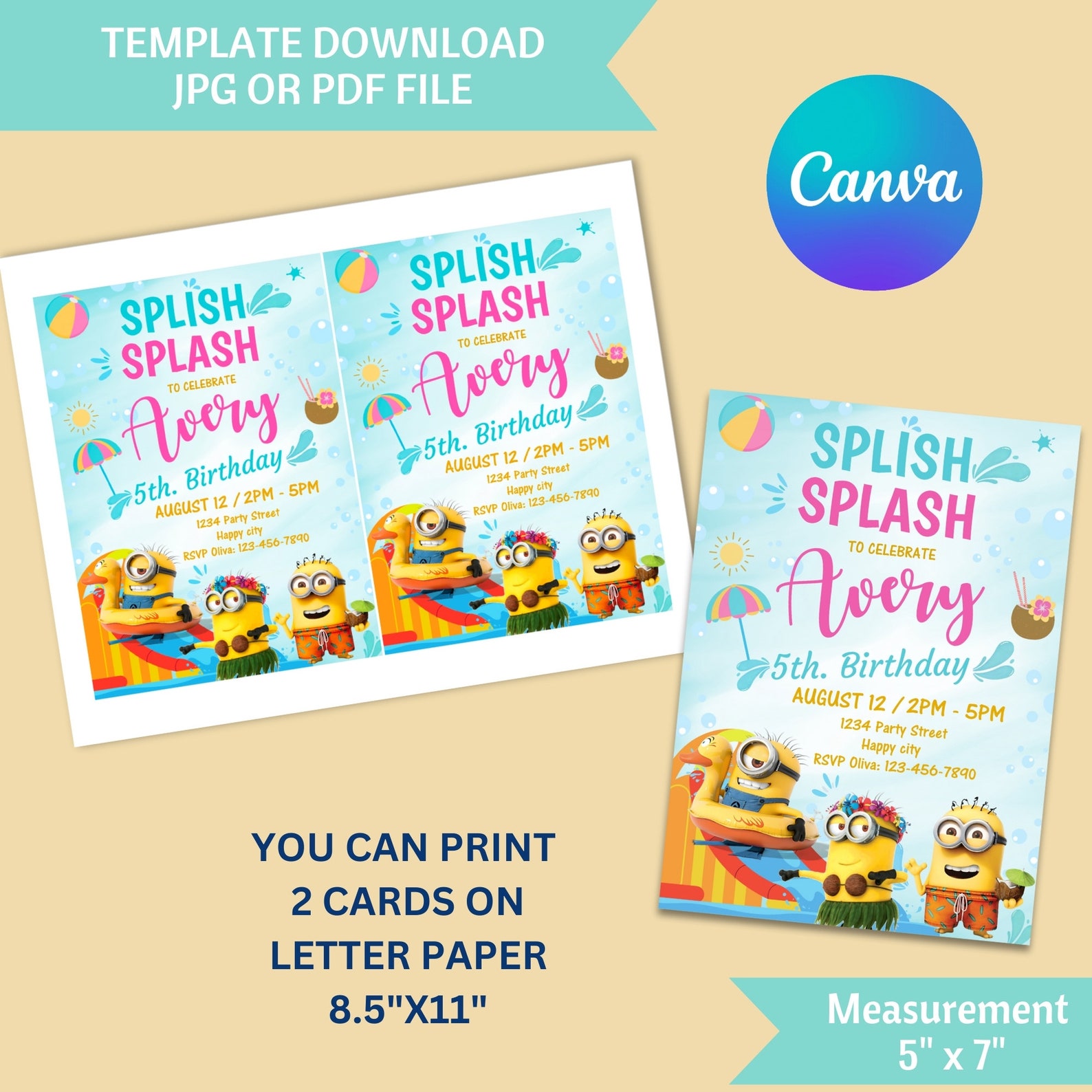Minions Pool Party Invitation Template Minions Birthday Party Invite ...