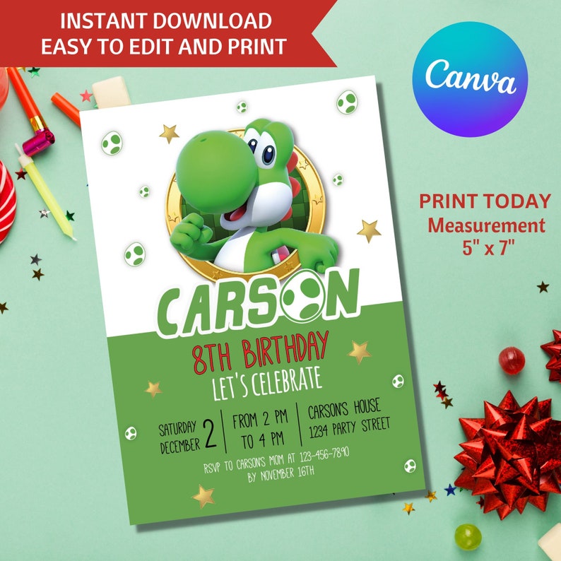 Yoshi Birthday Invitation, Yoshi Invitation, Invite Instant Download ...