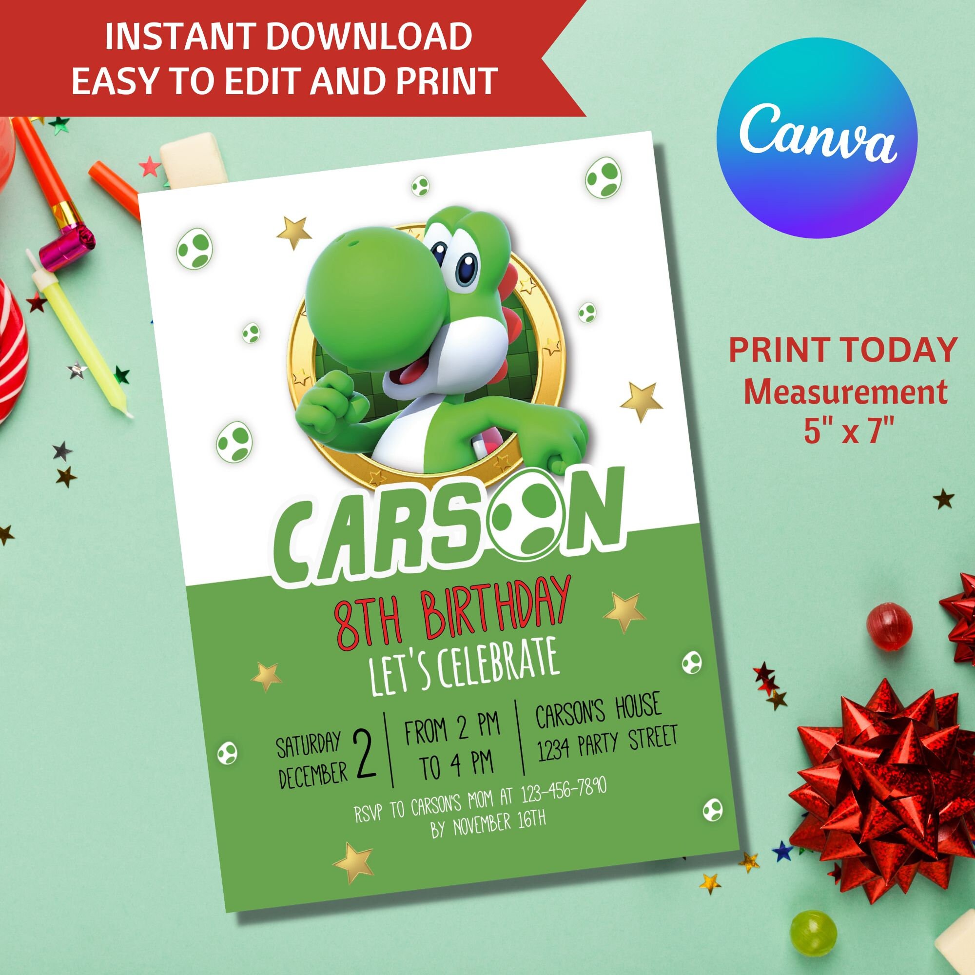 Yoshi Birthday Invitation, Yoshi Invitation, Invite Instant Download ...