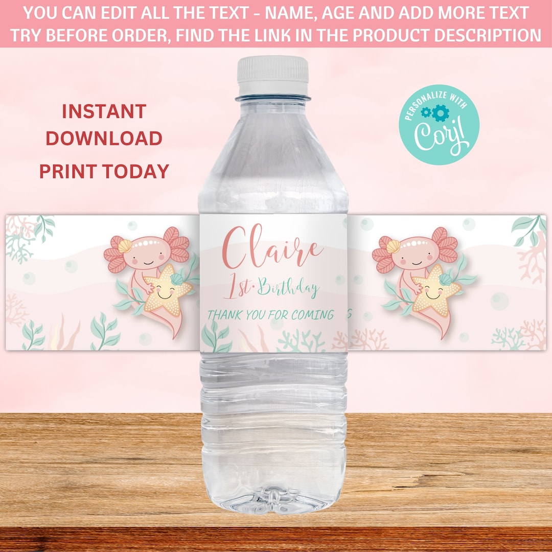 Axolotl Water Bottle Label, Instantly Download, Editable Axolotl ...