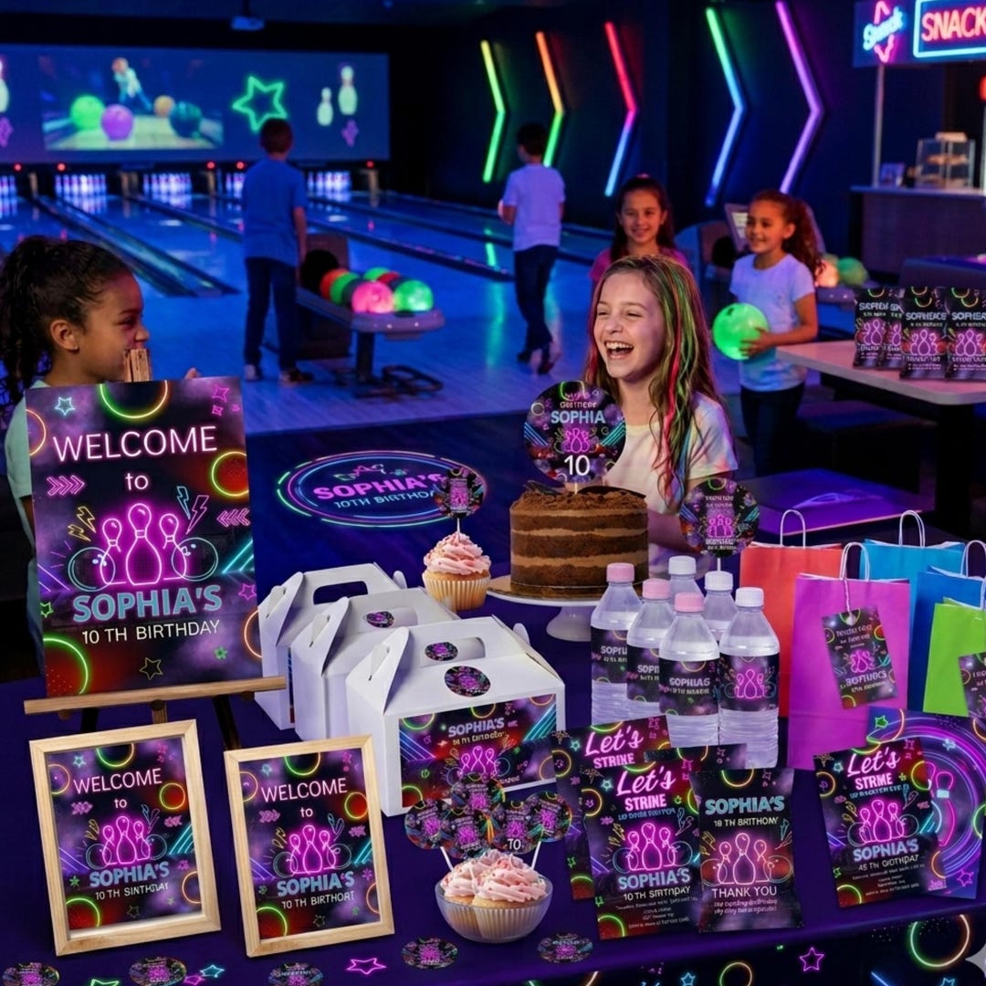 Bowling Birthday Party Bundle Editable Corjl | Glow Neon Bowling Decor ...