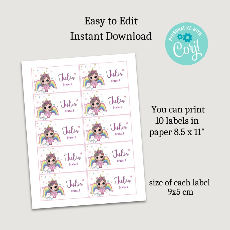 Doll Unicorn Printables Labels, Preschool Labels, Personalized Kids ...