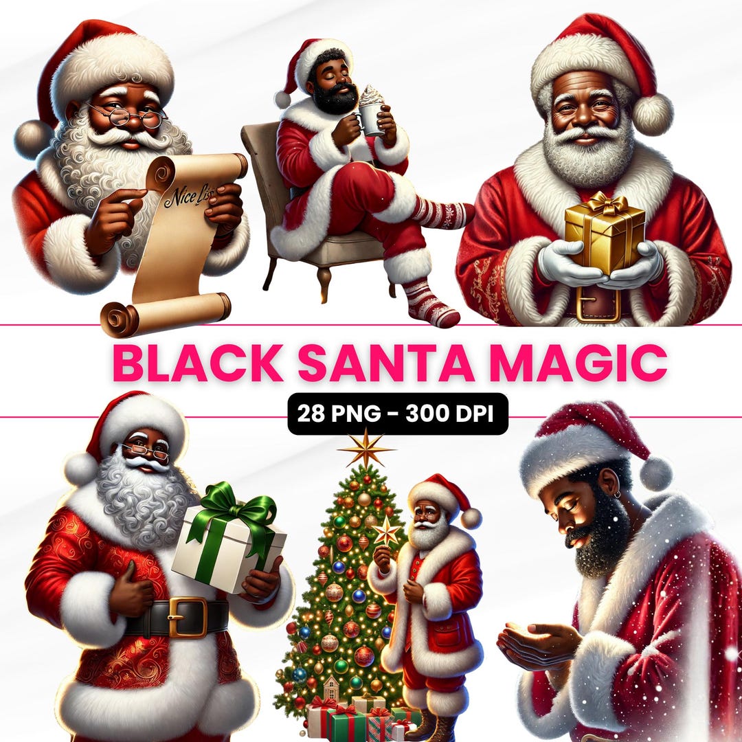 Black Santa Clipart: African American Christmas PNG Bundle (commercial ...