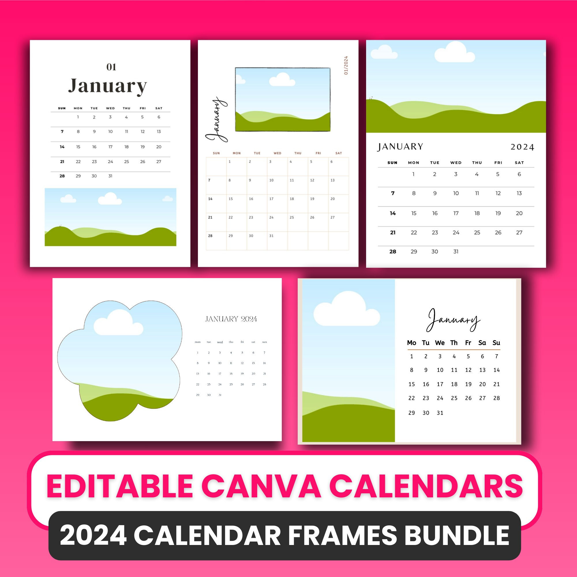 2024 Printable Editable Calendar Bundle Canva Template Frame Monthly ...